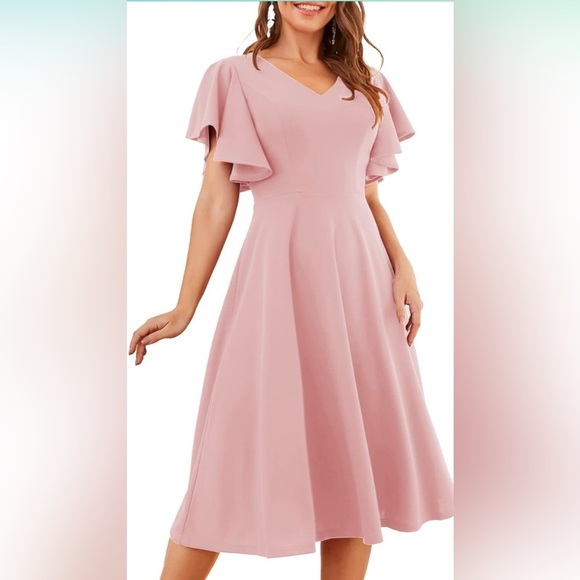 Bridesmay | Dresses | Modest Pink Dress Flared Midi Cocktaill Aline ...